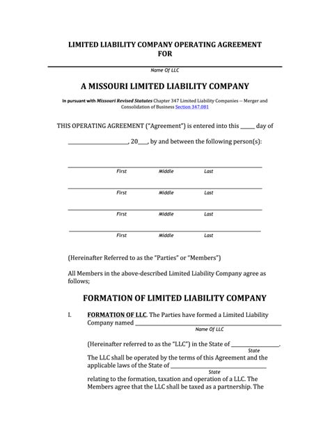Missouri Llc Operating Agreement Templatedoc Fill And Sign Printable