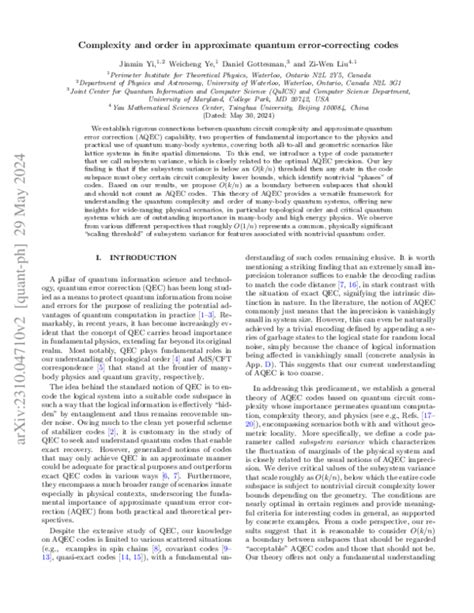 Pdf Complexity And Order In Approximate Quantum Error Correcting Codes