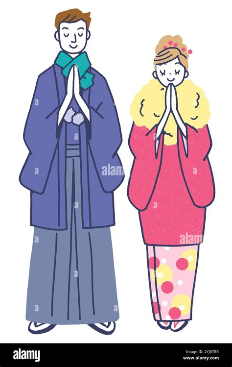 Clipart Illustration Japanese Couple In Kimono With Palms Together