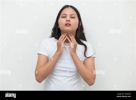 Asian Woman With Sore Throat Touching Her Necksore Throat Sickgirl