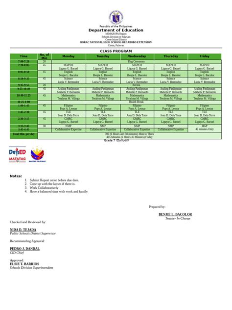 Grade 7 Class Program Pdf Philippines