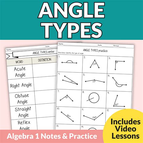 Types Of Angles Notes And Worksheets For Geometry Review 8th 10th