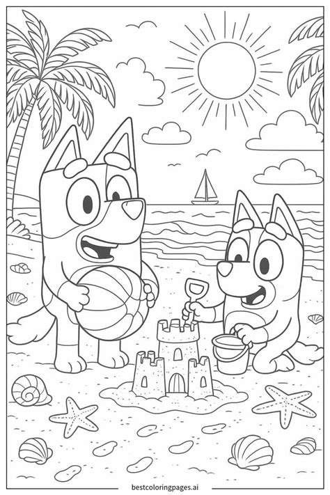Bluey And Bingo Having Fun At The Beach Coloring Page Free Printable