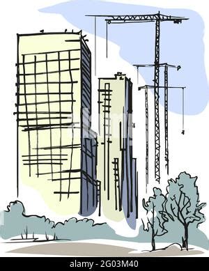 Zeichnung Oder Skizze Von Einem Haus Im Bau Baustelle Main Line Kontur Und Hilfslinien