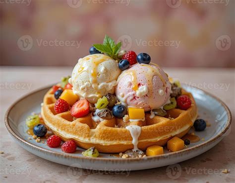 Delicious Waffle Topped With Colorful Ice Cream And Fresh Fruits Served