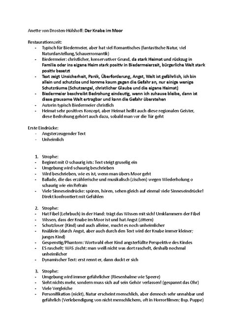 Anette Von Drosten Der Knabe Im Moor Gedichtanalyse Anette Von