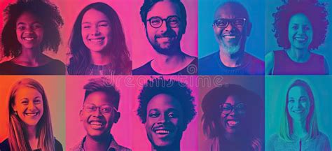 Multiple Peoples Faces Assembled Creatively On A Vibrant Backdrop Stock