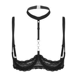 Womens Lace Floral Portrait Open Tip Bra Halterneck Unlined Push Up