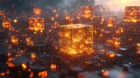 Illuminated Digital Cube Cityscape Abstract Art Stock Illustration