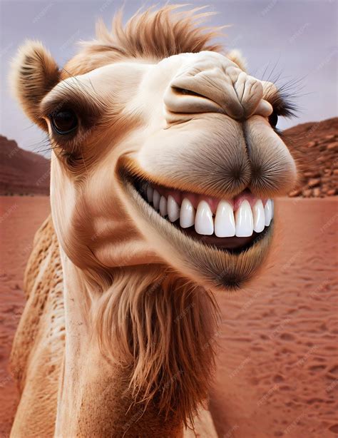 Premium Photo Joyful Camel Caricature With A Grand Toothy Smile Set Against A Serene Desert