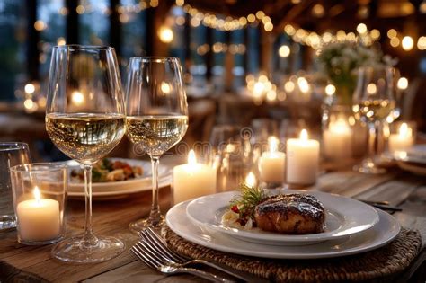 Romantic Dinner Table Setting With Steak And Wine Stock Illustration Illustration Of Ambiance