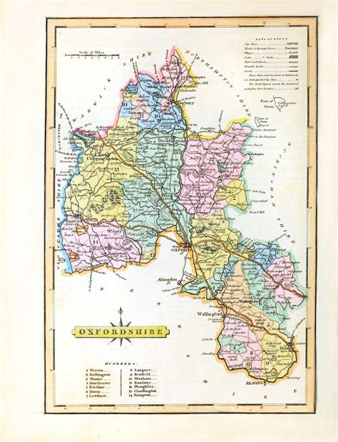 Old English County Map Of Oxfordshire Vintage 1819 Oxford Reproduction