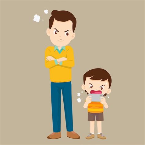Pai Zangado Com Filho Viciado Em Telefone Vetor Premium