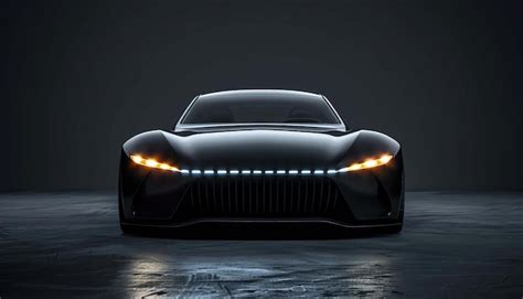 The Front View Of A Sleek Black Luxury Car With Illuminated Headlights