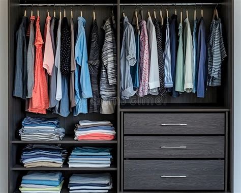 A Closet Full Of Clothes With A Variety Of Colors And Patterns Stock