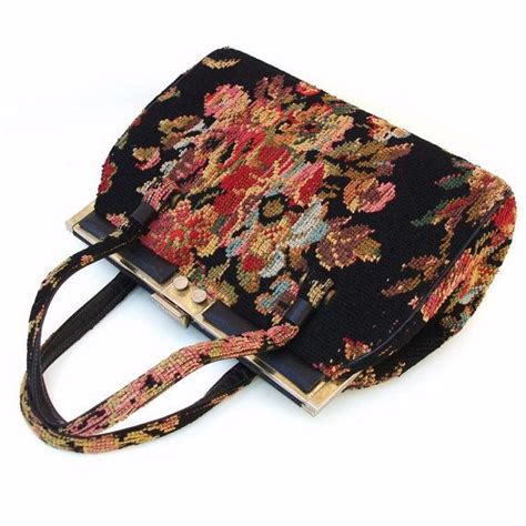 1960s Boho Chic Black Floral Tapestry Handbag