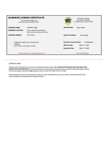 Usa California Business License Certificate Word And Pdf Template