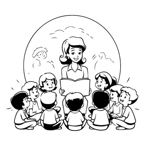 Lehrer Mit Kindern Im Klassenzimmer Schwarz Weiß Vektorillustration