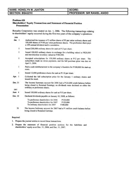 Juaton Share Capital Exercise 20 Name Honelyn M Juaton Score Section Bsa221c Professor