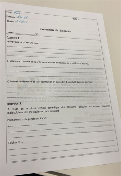 Résolu Nom Prénom Date Classe Evaluation De Sciences Note 20