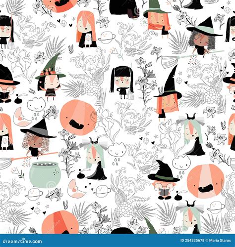 Seamless Pattern With Cute Witches In Flowers On White Background Stock Vector Illustration Of