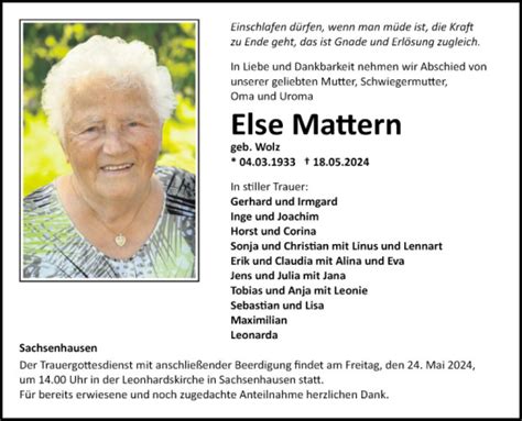Traueranzeigen Von Else Mattern Trauerportal Ihrer Tageszeitung