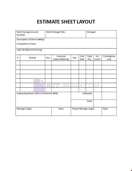 Estimate Sheet Layout
