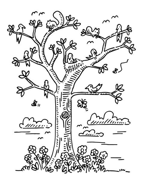 Un árbol Con Pájaros En él Y Un Dibujo De Un Pájaro En él Vector Premium