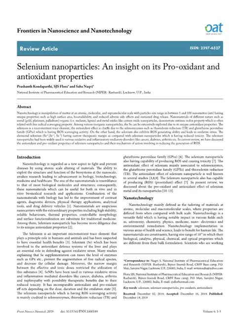 Selenium Nanoparticles An Insight On Its Pro Oxidant And Antioxidant