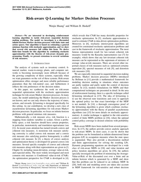 Pdf Risk Aware Q Learning For Markov Decision Processes