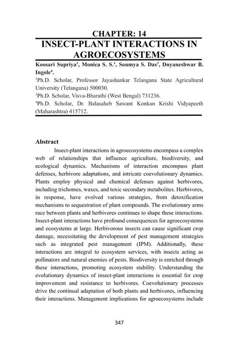 Pdf Insect Plant Interactions In Agroecosystems