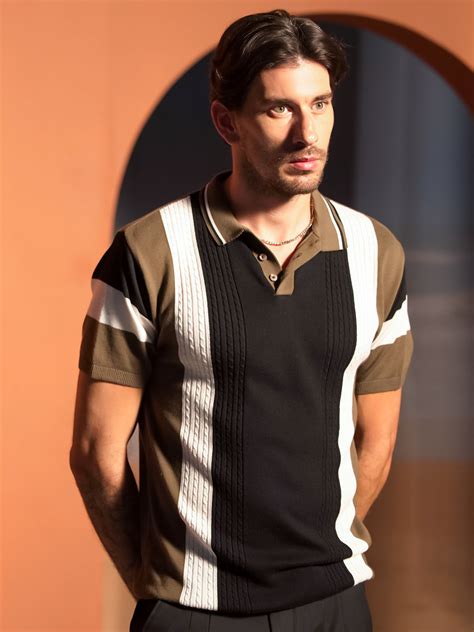 Olive Brown And Black Textured Stripes Polo T Shirt Men Casual Wear