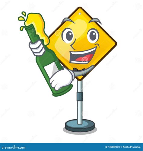 With Beer Warning Sign With Exclamation Mark Mascot Stock Vector