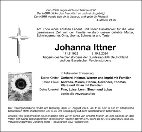 Traueranzeigen Von Johanna Ittner Trauernnde