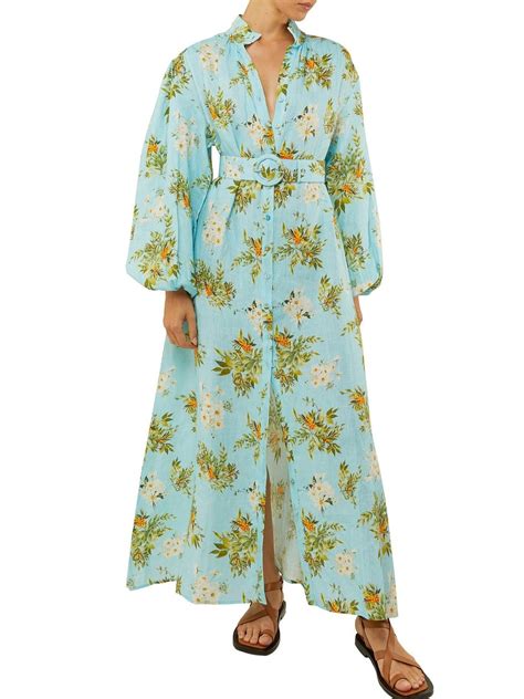 Belted Floral Printed Linen Dress Light Blue Summer Style Branna Couture