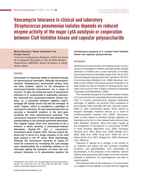 Pdf Vancomycin Tolerance In Clinical And Laboratory Streptococcus Pneumoniae Isolates Depends