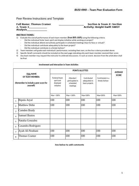 Peer Evaluation Template Pdf