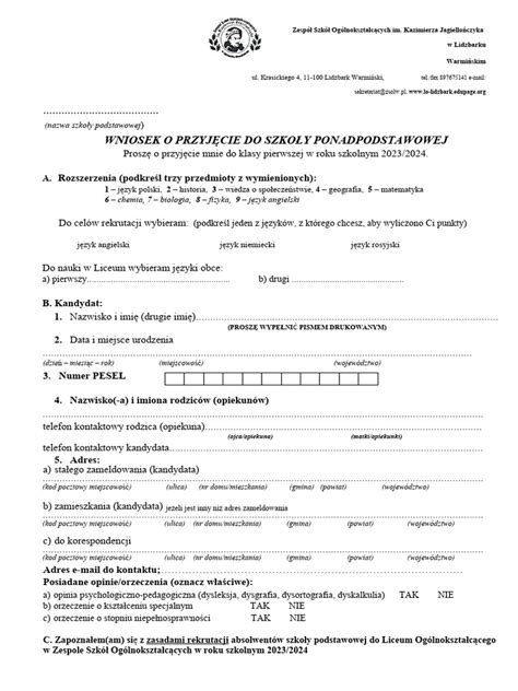 Wniosek O Przyjecie Do Szkoly 2023 2024 Pdf
