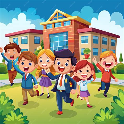 Una Ilustración De Dibujos Animados De Una Escuela Con Un Grupo De