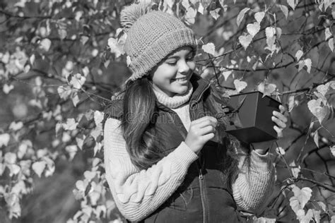 Happy Teen Girl Open Present Box In Autumn Stock Image Image Of