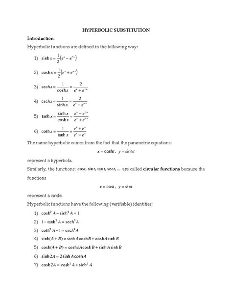 Hyperbolic Substitution Hyperbolic Substitution Introduction