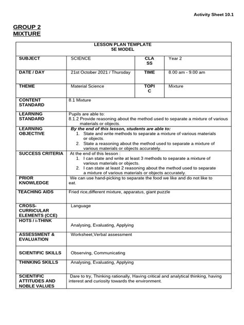 Group 2 5 Activity Sheet 101 Lesson Plan Template 5e Model 1