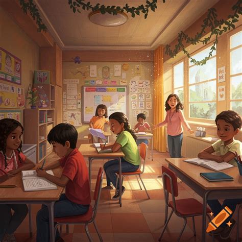 Colorful Elementary Classroom With Diverse Students And A Smiling