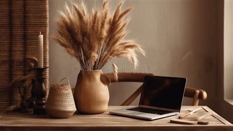 Laptop Computer With Blank Screen Dried Grass Bouquetinterior Design