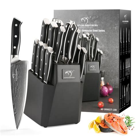 18 Pieces Damascus Knife Set With Black Wooden Block And 8 Pcs Steak K