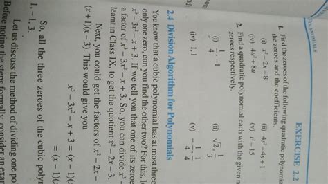 Exercise 221 Find The Zeroes Of The Following Quadratic Polynomia The