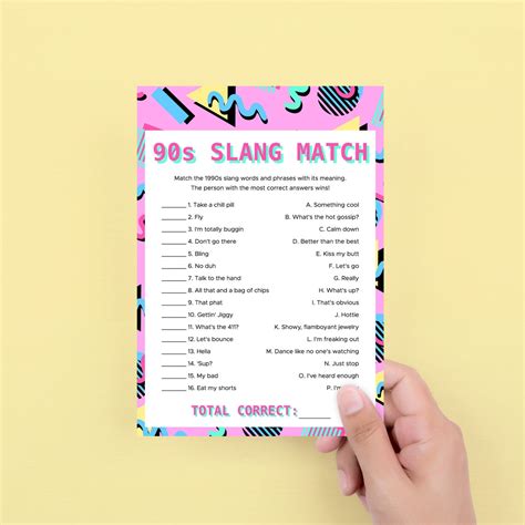 90s Slang Match Game Printable 1990s Theme Party Ideas Match The Slang