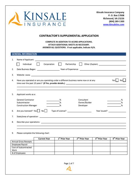 Kinsale Contractor Supplemental Application Pdf Fraud Insurance