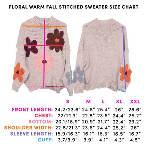 Floral Warm Fall Stitched Sweater Sizing Chart
