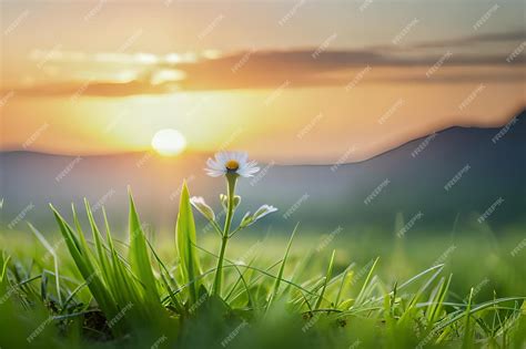 Premium Photo A Flower In The Grass With A Sunset In The Background